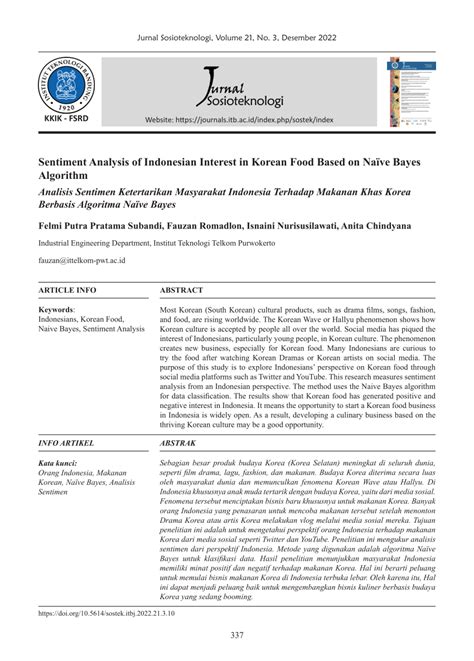 Pdf Sentiment Analysis Of Indonesian Interest In Korean Food Based On