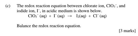 C The Redox Reaction Equation Between Chlorate Ion Clo3 And