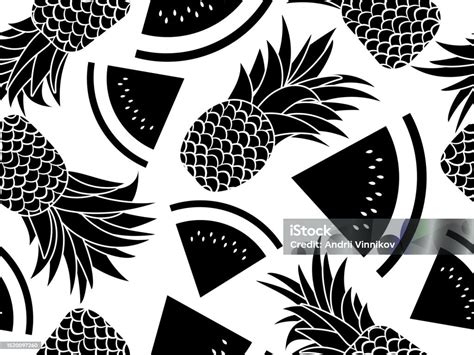 흰색 바탕에 수박과 파인애플의 검은 실루엣 여름 이국적인 과일은 파인애플과 수박과 섞여 있습니다 배너 포스터 및 판촉 자료를