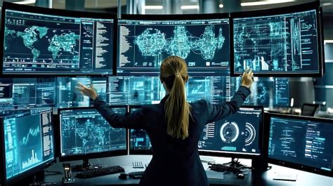 Person Seated In Front Of A Multimonitor Computer Who Work With Graphs And Data Analytics