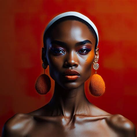 Premium Ai Image Beautiful Model With Orange Makeup On A Dark Background