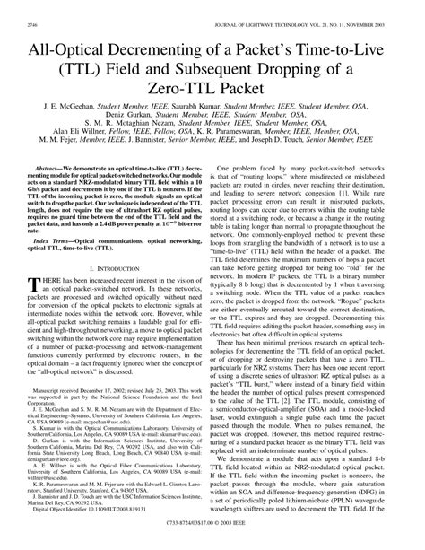 Pdf All Optical Decrementing Of A Packets Time To Live Ttl Field