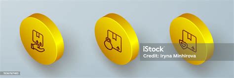 상자 판지 판지 및 보안 방패 아이콘으로 아이소메트릭 라인 배달 손을 설정합니다 벡터 3차원 형태에 대한 스톡 벡터 아트 및 기타 이미지 3차원 형태 교통 나무 기둥