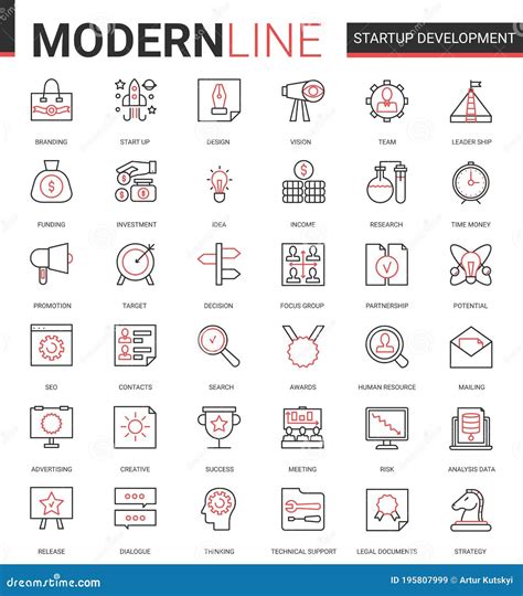 Business Startup Development Technology Thin Red Black Line Icon Vector