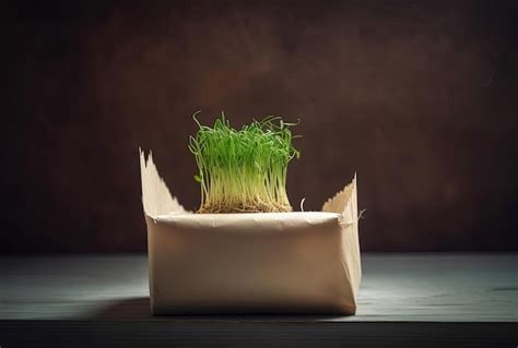 Premium Ai Image Young Sprouts Inside A Paper Container On An Old Desk In The Style Of