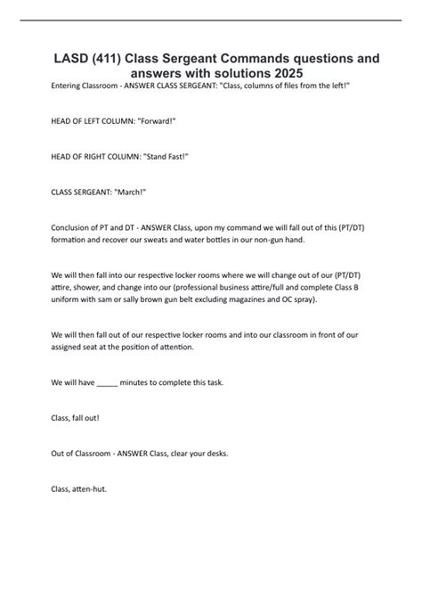 Lasd 411 Class Sergeant Commands Questions And Answers With Solutions