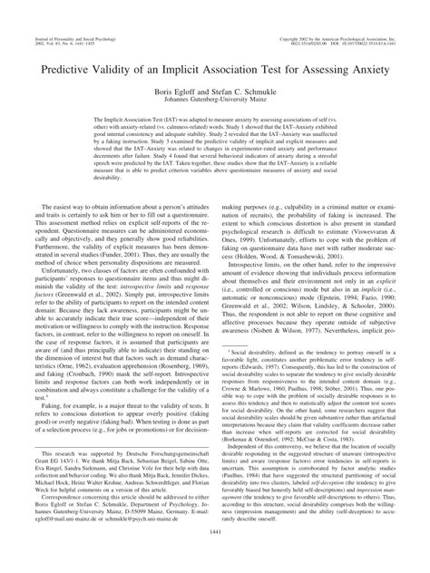 Pdf Predictive Validity Of An Implicit Association Test For Assessing Anxiety