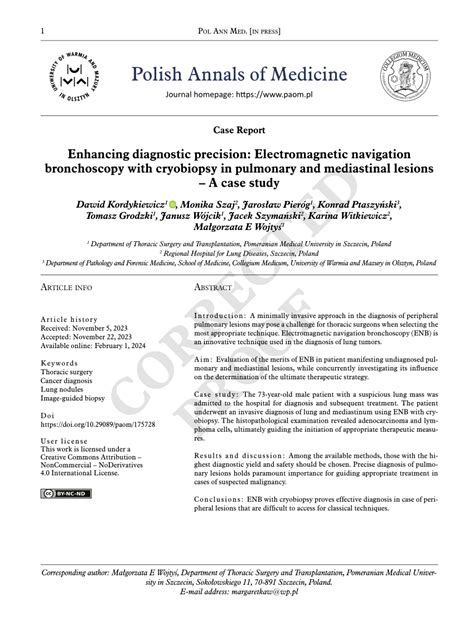 Pdf Enhancing Diagnostic Precision Electromagnetic Navigation Bronchoscopy With Cryobiopsy In