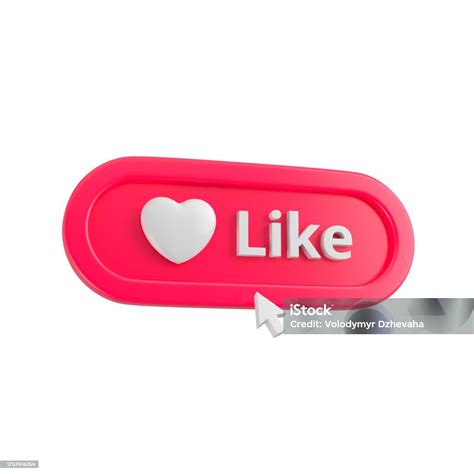흰색 하트 모양과 흰색 커서가 있는 빨간색 버튼과 같습니다 소셜 미디어 채널 또는 블로그 마케팅 개념 3d 렌더링 3차원 형태에