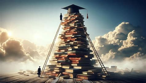 Education Journeytowering Stack Of Books With Graduation Cap Symbolizing Knowledge And