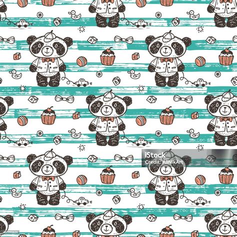 귀여운 아기 장난감 원활한 벡터 패턴 팬더 소년 팬더와 끝 없는 배경 화면 아이 들을 위한 손으로 그린 낙서 재미 검정과 화이트 베어 배경 검은색에 대한 스톡 벡터 아트 및