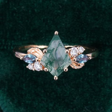Kite Cut Moss Agate Promise Ring Nature Inspired Cluster Ring