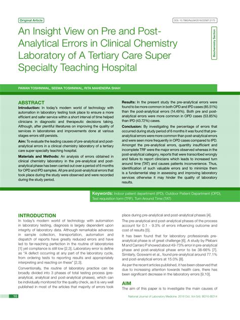 Pdf An Insight View Of Pre And Post Analytical Errors In Clinical Chemistry Laboratory Of A