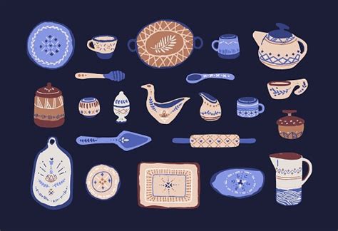 수제 도자기 도자기 세트 페인트 점토 그릇 식기 도자기 식기류 크록 웨어 컬렉션 수제 접시 컵 찻주전자 숟가락 쟁반 접시 격리된 평면 벡터 그림 0명에 대한 스톡 벡터 아트