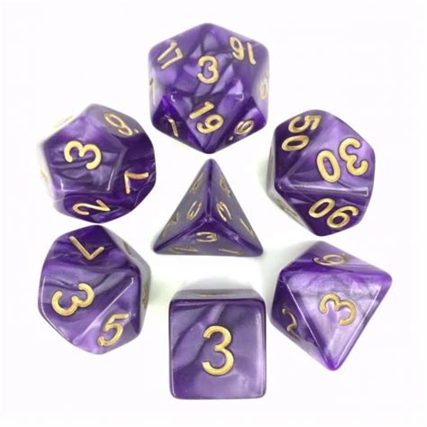 7 Set Polyhedral Dice Purple Pearl Gold Font Phoenix Fire Games