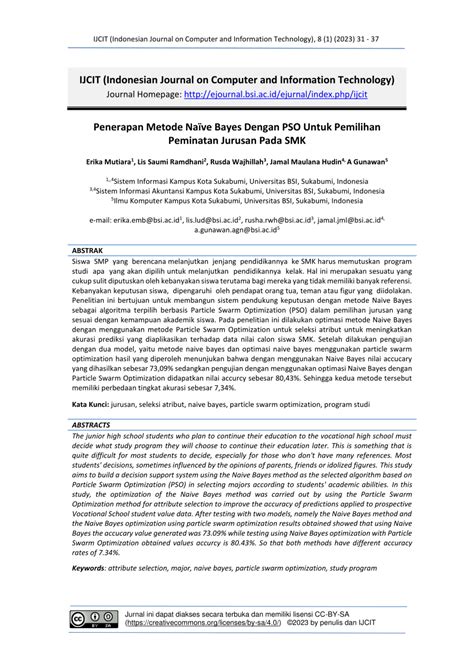 Pdf Penerapan Metode Naïve Bayes Dengan Pso Untuk Pemilihan Peminatan