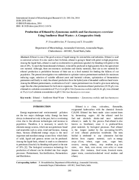 Pdf Production Of Ethanol By Zymomonas Mobilis And Saccharomyces Cerevisiae Using Sunflower