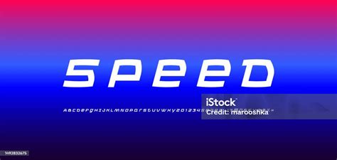 스포츠 이탤릭체 글꼴 모션 알파벳 A에서 Z까지의 트렌디한 라틴 문자 0에서 9까지의 아라비아 숫자 브랜드 이름 또는 로고 벡터 일러스트레이션 10eps 개념에 대한 스톡