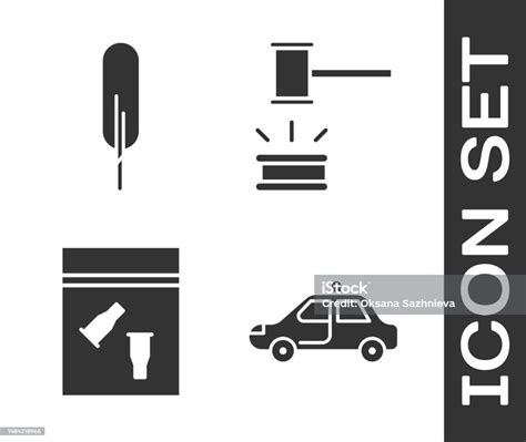 경찰차와 점멸 장치 깃털 펜 증거 가방과 총알 판사 망치 아이콘을 설정합니다 벡터 가방에 대한 스톡 벡터 아트 및 기타 이미지