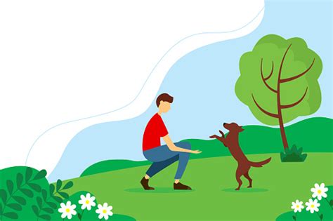 공원에서 개와 놀고있는 남자 야외 레크리에이션의 개념 일러스트 플랫 스타일의 여름 벡터 일러스트레이션 개에 대한 스톡 벡터 아트