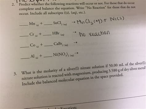 Solved Predict whether the following reactions will occur or | Chegg.com