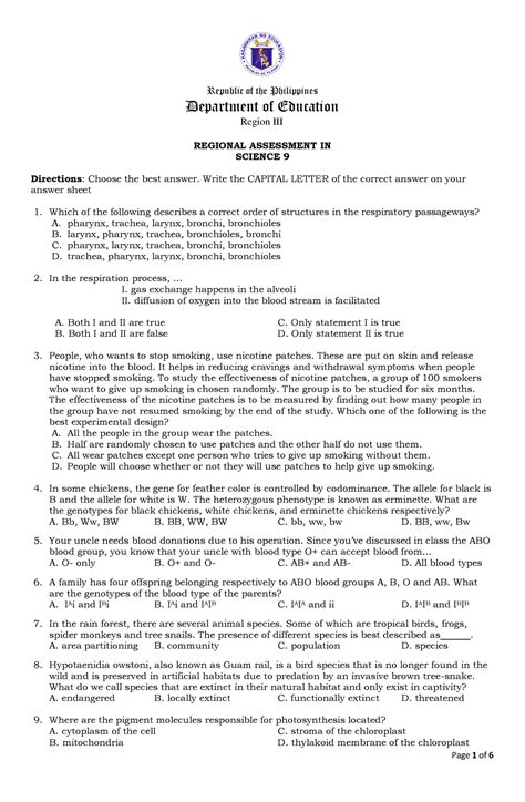 Science 9 Test Questionnaire Republic Of The Philippines Department