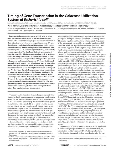 Pdf Timing Of Gene Transcription In The Galactose Utilization System Of Escherichia Coli