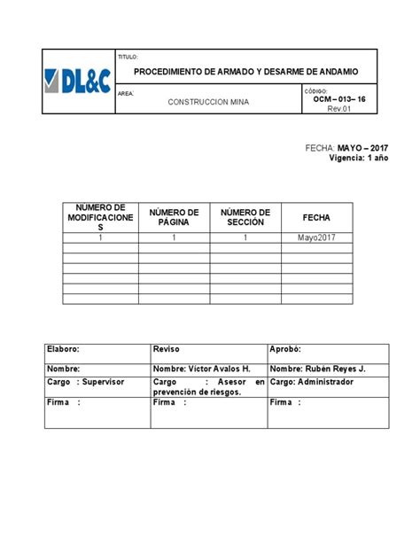 Proc Ocm 013 16 Armado De Andamio Rev 01 Pdf Andamio Equipo