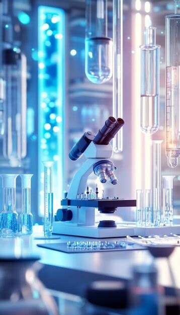 Laboratory With Microscopes Test Tubes And Blue Lighting Background Premium Ai Generated Image
