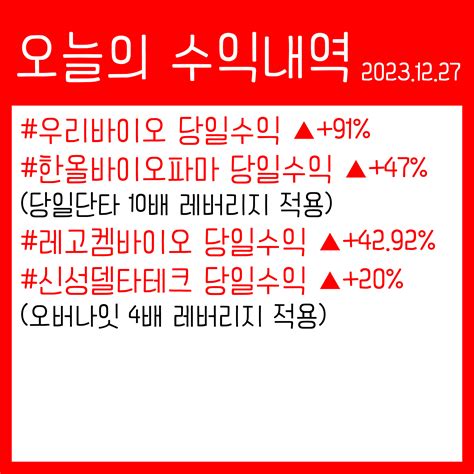12월 27일 신성델타테크 레고켐바이오 우리바이오 한올바이오파마 주식 레버리지 오션