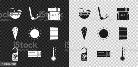 코코넛 칵테일 스노클링 하이킹 배낭 방해하지 마십시오 여행 티켓 기상 온도계 아이스크림 와플 콘 및 태양 아이콘을 설정하십시오 벡터 검은색에 대한 스톡 벡터 아트 및 기타