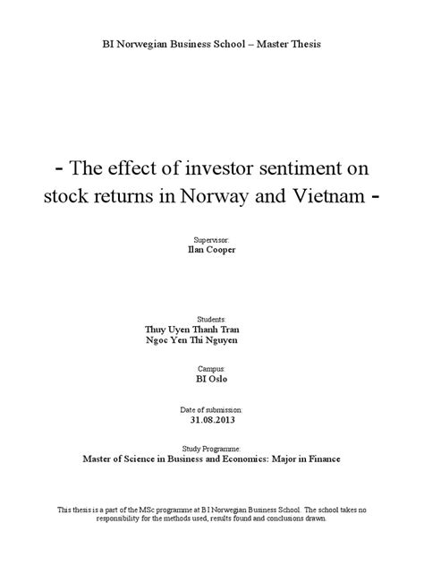 The Effect Of Investor Sentiment On Stock Return In Norway And Vietnam Master Thesis Pdf