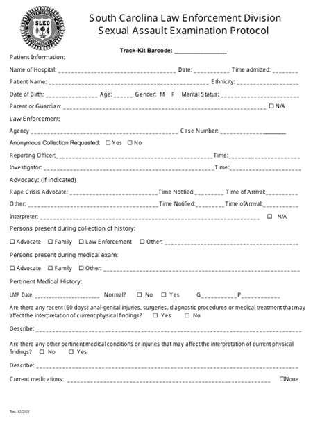 South Carolina Sexual Assault Examination Protocol Box Style Download Printable PDF