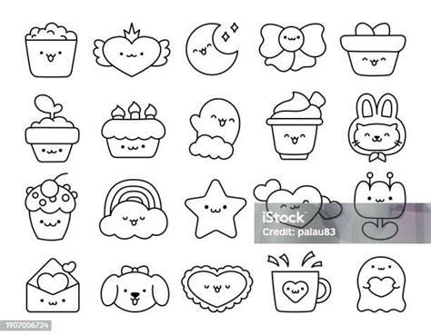 만화 귀여운 행복한 카와이 캐릭터 색칠 공부 페이지 생활방식 손으로 그린 스타일입니다 벡터 그리기 디자인 요소 모음 가공의 인물에 대한 스톡 벡터 아트 및 기타 이미지