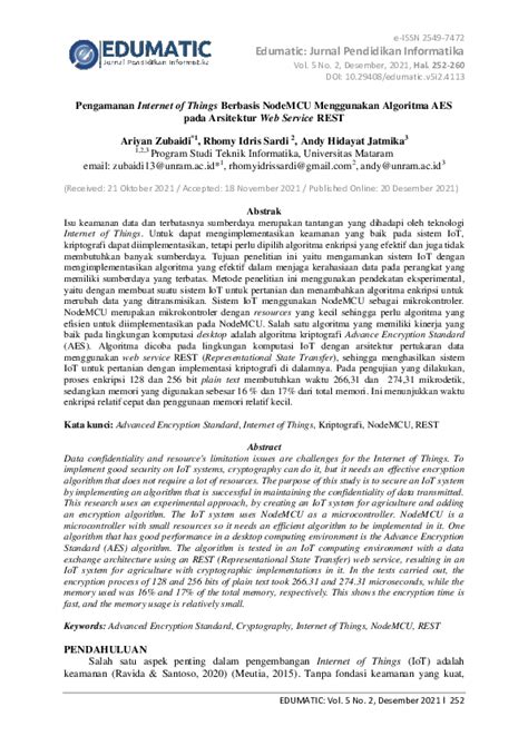 Pdf Pengamanan Internet Of Things Berbasis Nodemcu Menggunakan Algoritma Aes Pada Arsitektur