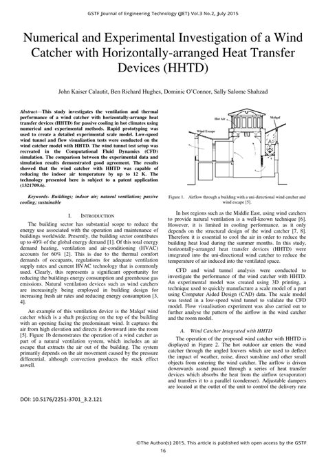 Pdf Numerical And Experimental Investigation Of A Wind Catcher With Horizontally Arranged Heat