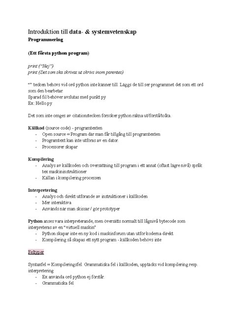 Introduktion Till Programmering I Python Dsv1010 Lektion 1 Studocu