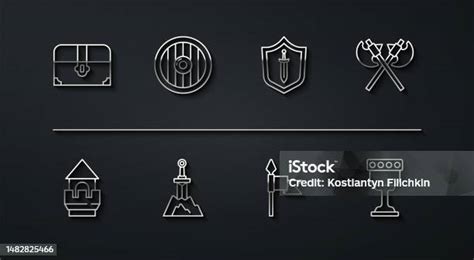 골동품 보물 상자 천수각 교차 중세 도끼 중세 창 돌 속의 검 둥근 나무 방패 잔 및 검 아이콘이 있습니다 벡터 강철에 대한 스톡 벡터 아트 및 기타 이미지 Istock