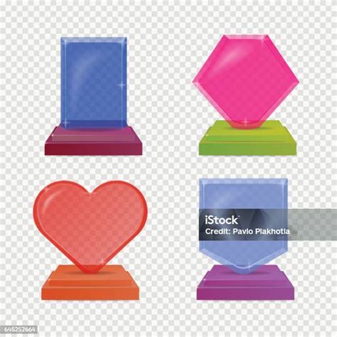 사실적인 유리 트로피 상을 설정합니다 투명도 배경을 위해 격리된 다채로운 일러스트레이션 디자인에 대한 그래픽 개념입니다 방패 심장 직사각형 육각형 0명에 대한 스톡 벡터