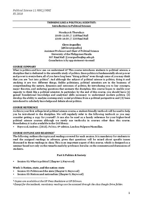 Pdf Introduction To Political Science Syllabus Fs 2018