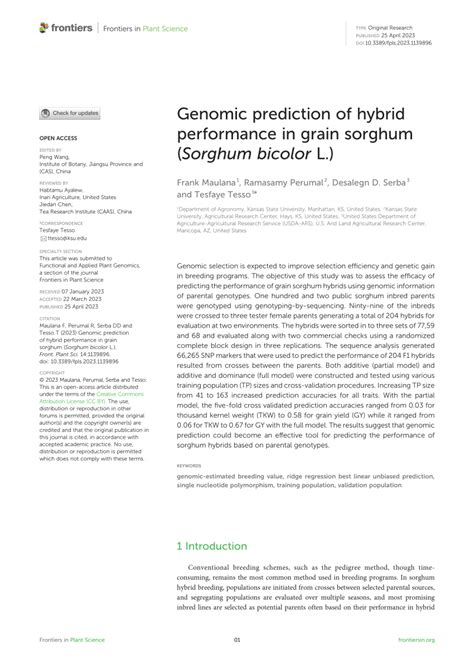 Pdf Genomic Prediction Of Hybrid Performance In Grain Sorghum Sorghum Bicolor L