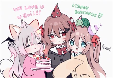 Safebooru 3girls Animal Ears Annytf Anyuu Birthday Bow Cake Evil