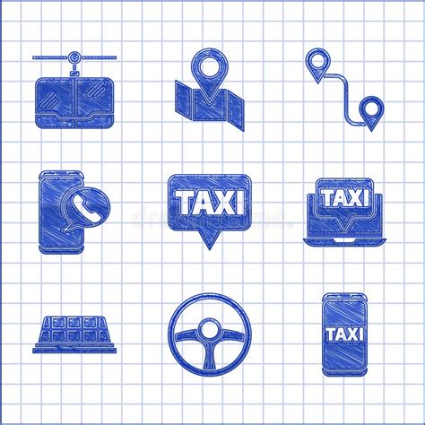 Set Map Pointer With Taxi Steering Wheel Taxi Call Telephone Service Laptop Car Roof Route