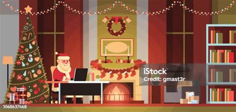 거실에서 산타 클로스 장식 새 해 크리스마스 노트북 소나무 나무 벽난로 홈 인테리어 개념 평면 수평을 사용 하 여 12월에 대한 스톡 벡터 아트 및 기타 이미지 Istock