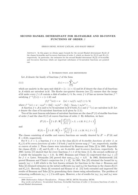 Pdf Second Hankel Determinant For Bi Starlike And Bi Convex Functions Of Order β