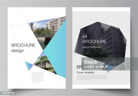 A4 형식의 벡터 레이아웃 현대 커버 모형 브로셔 잡지 전단지 소책자 보고서에 대한 템플릿을 디자인합니다 파란색 삼각형과 삼각형 모양의 창조적 인 현대적인 배경 심플한
