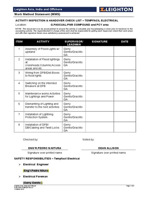 Tempfacil Electrical Work Method Statement Wms Cable Electrical