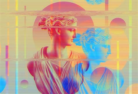 글리치 효과가 있는 골동품 조각의 3d 초상화 사이버펑크 스타일 인공 지능의 개념적 질병 가상 현실 딥 러닝 및 의심 시스템 프리미엄 사진