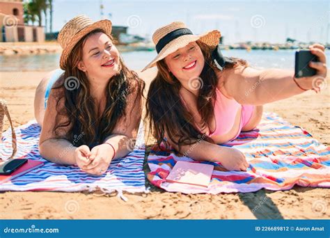 Two Plus Size Overweight Sisters Twins Women Happy Taking A Selfie