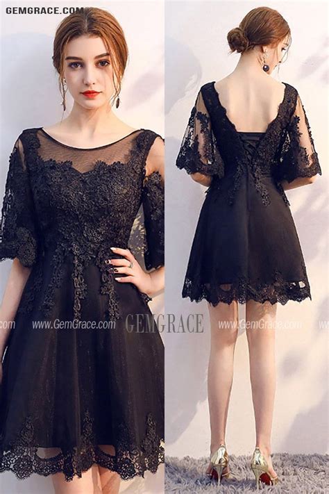 8197 Short Black Lace Homecoming Party Dress With Sleeves Mxl86002